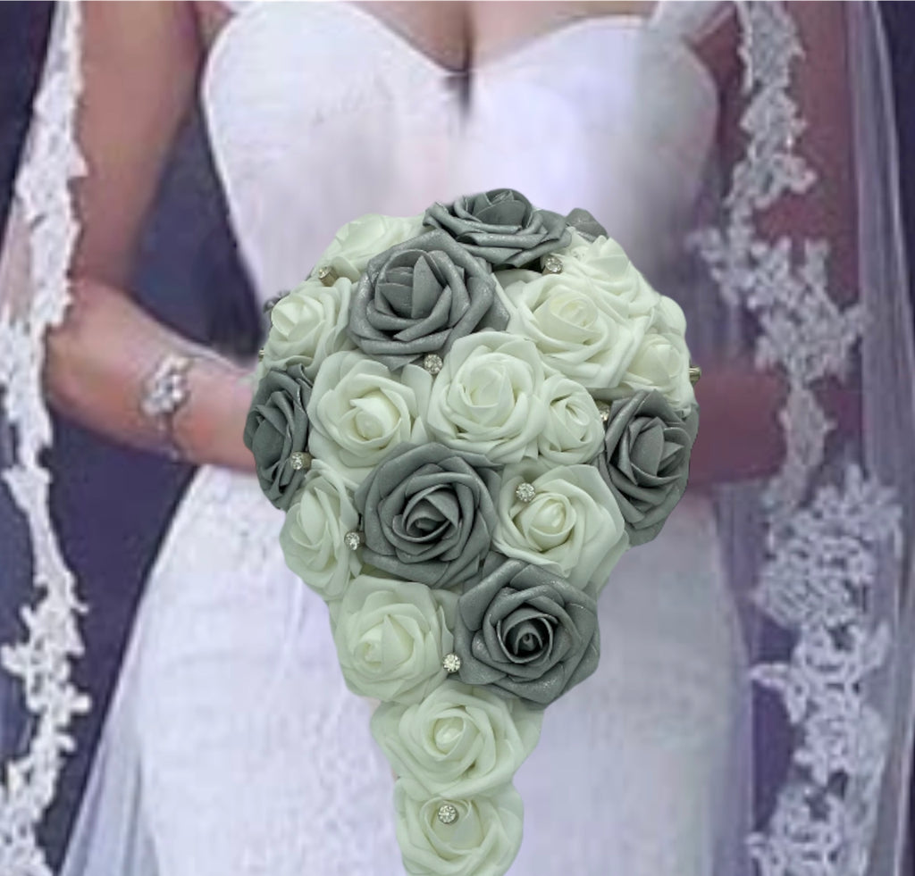 Silver White Cascade Bouquet l Waterfall bouquet l Real Touch Roses Br ...