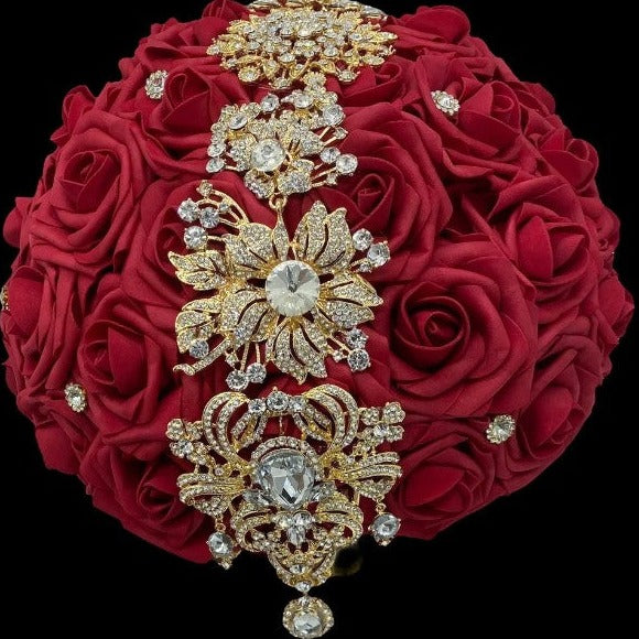 Dark Red Round Bouquet l Real Touch Roses Brooch Bouquet~ BOU-022 ...