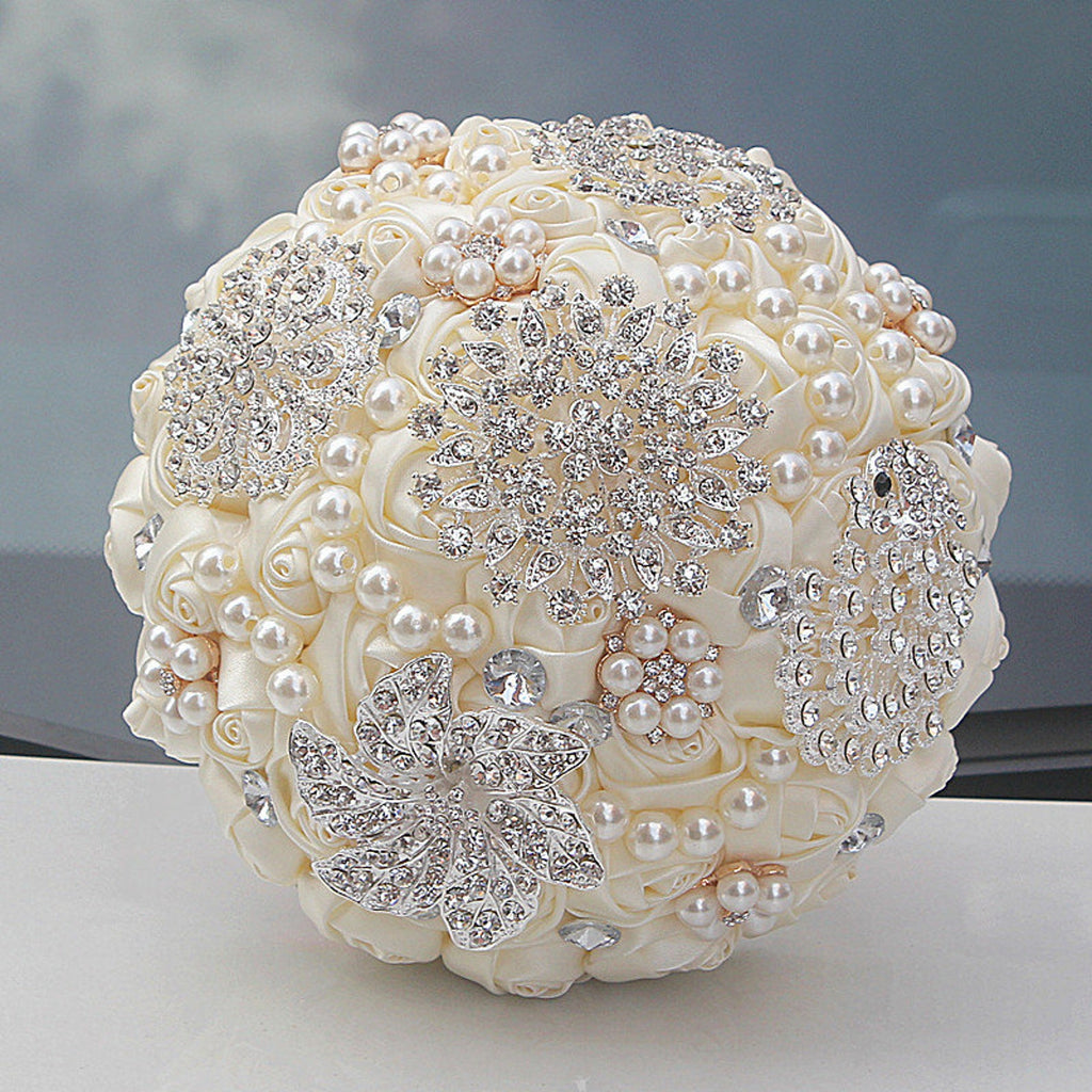 Ivory Satin Rose Brooch Bouquet BOU-801 – Bouquets by Nicole