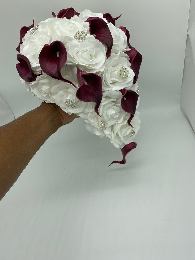 White Burgundy Cascading Waterfall Real Touch Roses Brooch Bouquet ...